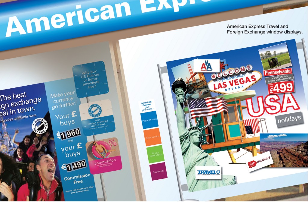 American Express Travel displays and newsletters.